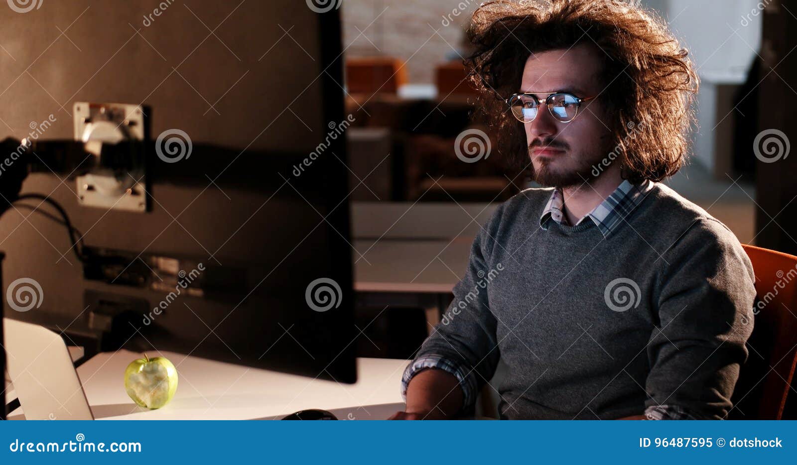 Man Working on Computer in Dark Office Stock Image - Image of corporate ...