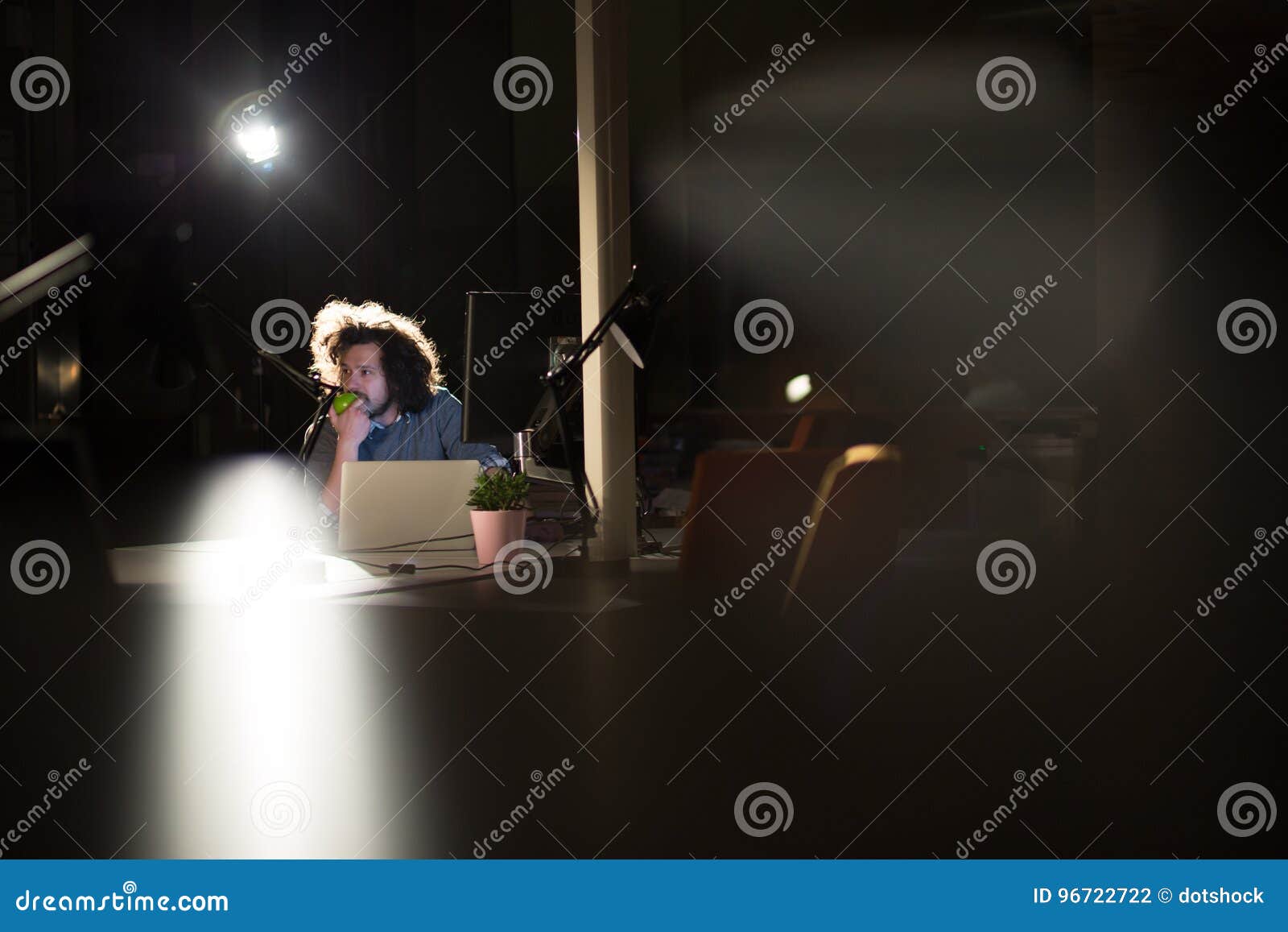 Man Working on Computer in Dark Office Stock Photo - Image of monitor ...
