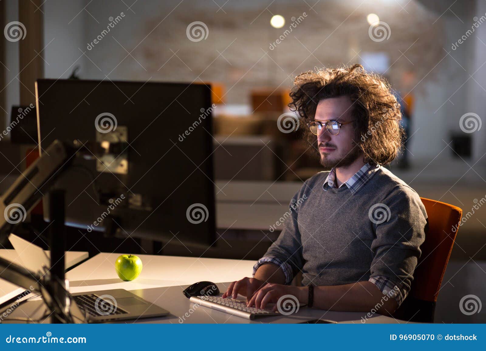 Man Working on Computer in Dark Office Stock Photo - Image of male ...