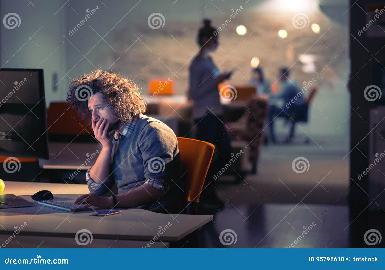 Man Working on Computer in Dark Office Stock Photo - Image of late ...