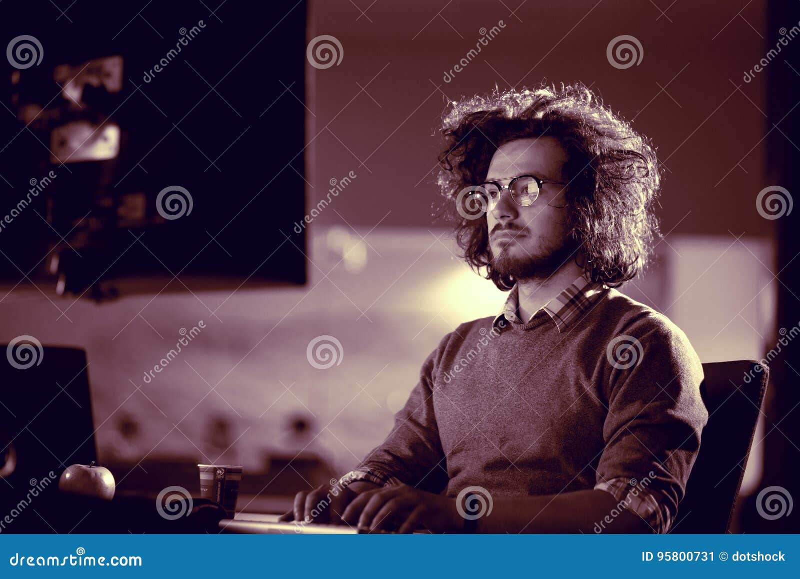 Man Working on Computer in Dark Office Stock Image - Image of business ...