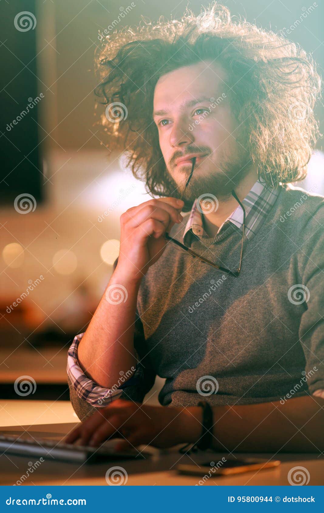 Man Working on Computer in Dark Office Stock Photo - Image of office ...