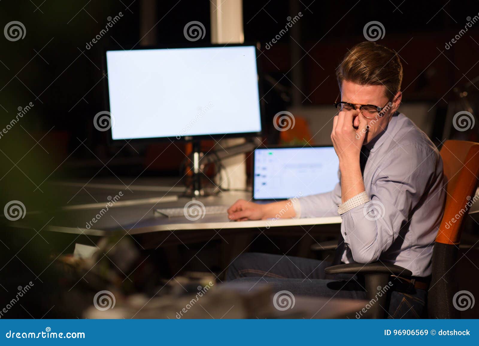Man Working on Computer in Dark Office Stock Image - Image of employee ...