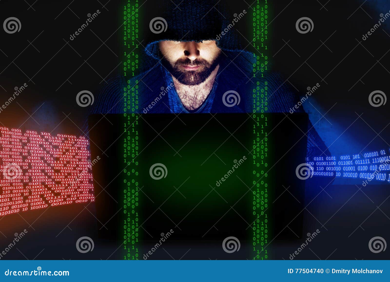 Man Working at Computer in Dark Room. Internet Security Concept Stock ...