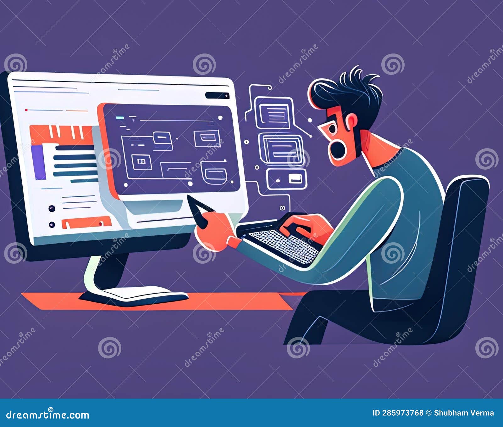 Man Working on Computer with Documents and Charts. Vector Illustration ...