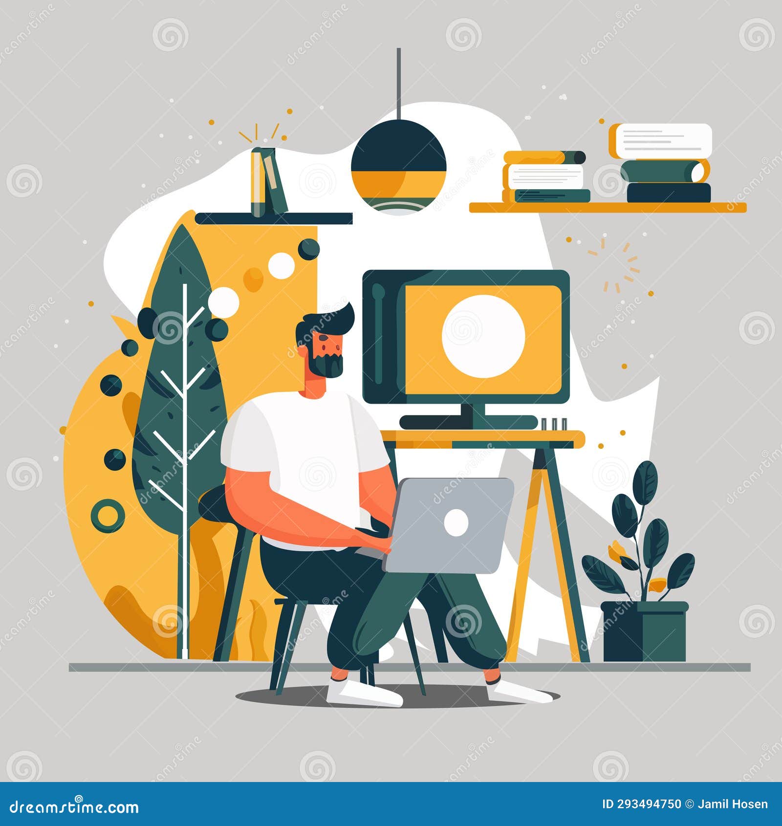 Man Working with Computer Flat Character Illustration Stock Vector ...