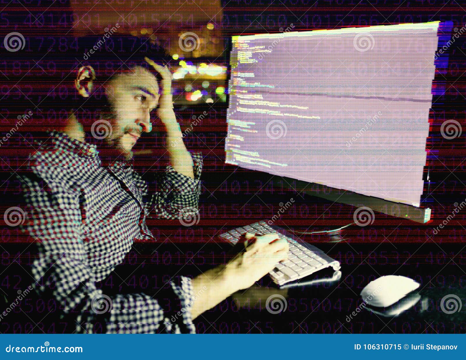 Man Working with Computer. Glitch Effect Added Stock Image - Image of ...