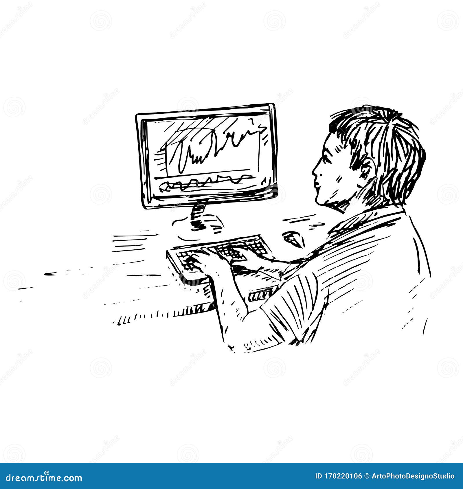 Man Working on Computer, Hand Drawn Doodle, Sketch, Black and White ...