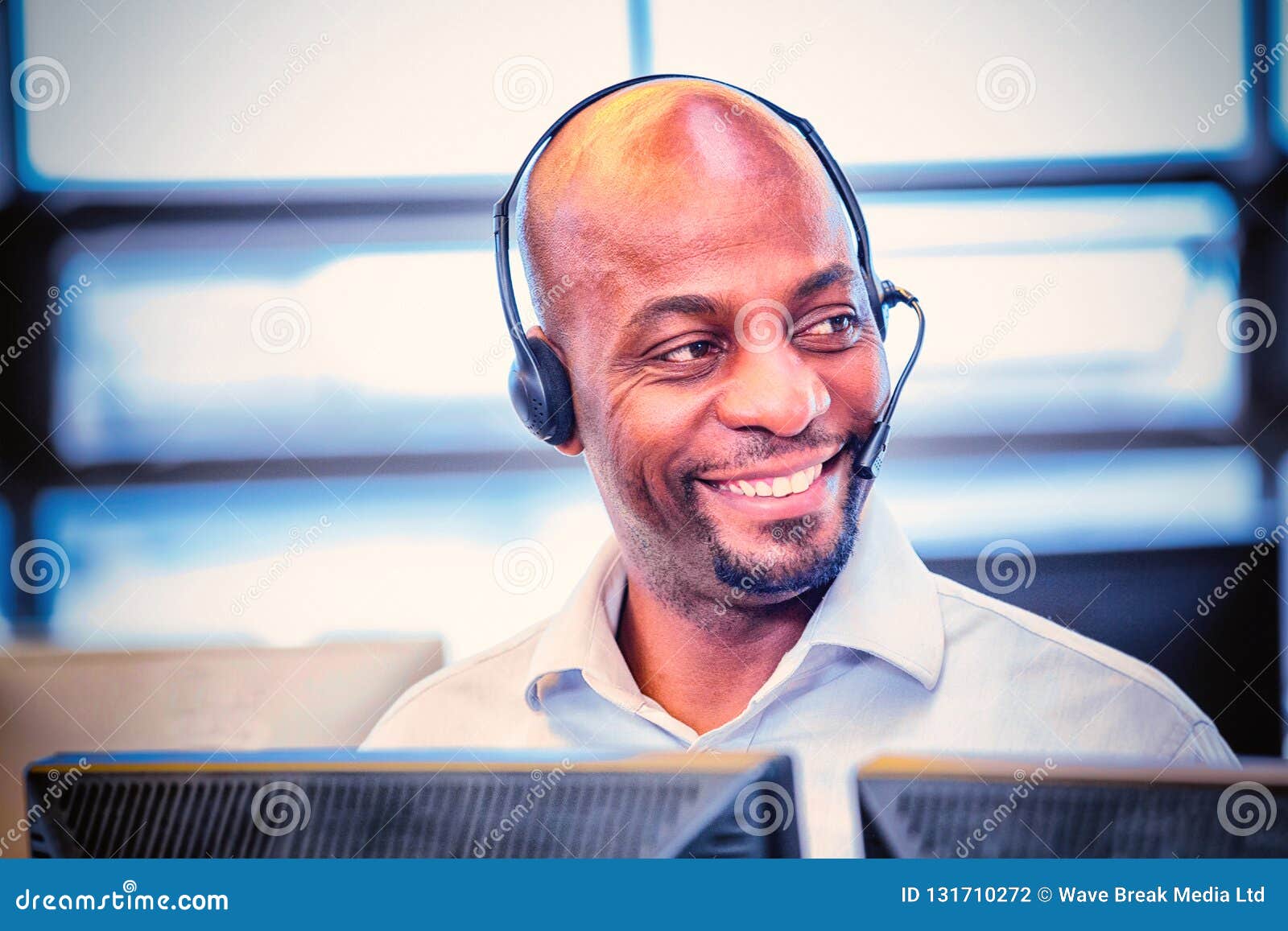 Man Working on Computer with Headset Stock Photo - Image of talking ...
