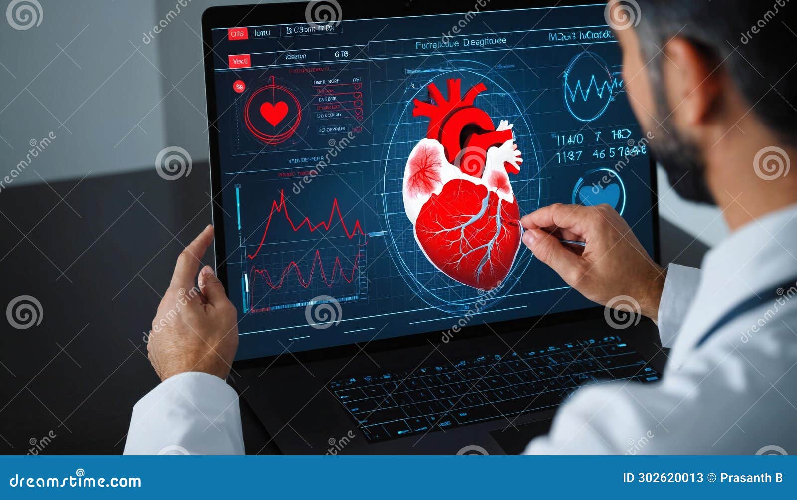 Man Working on Computer with Heart on Screen, Closeup. Cardiology ...