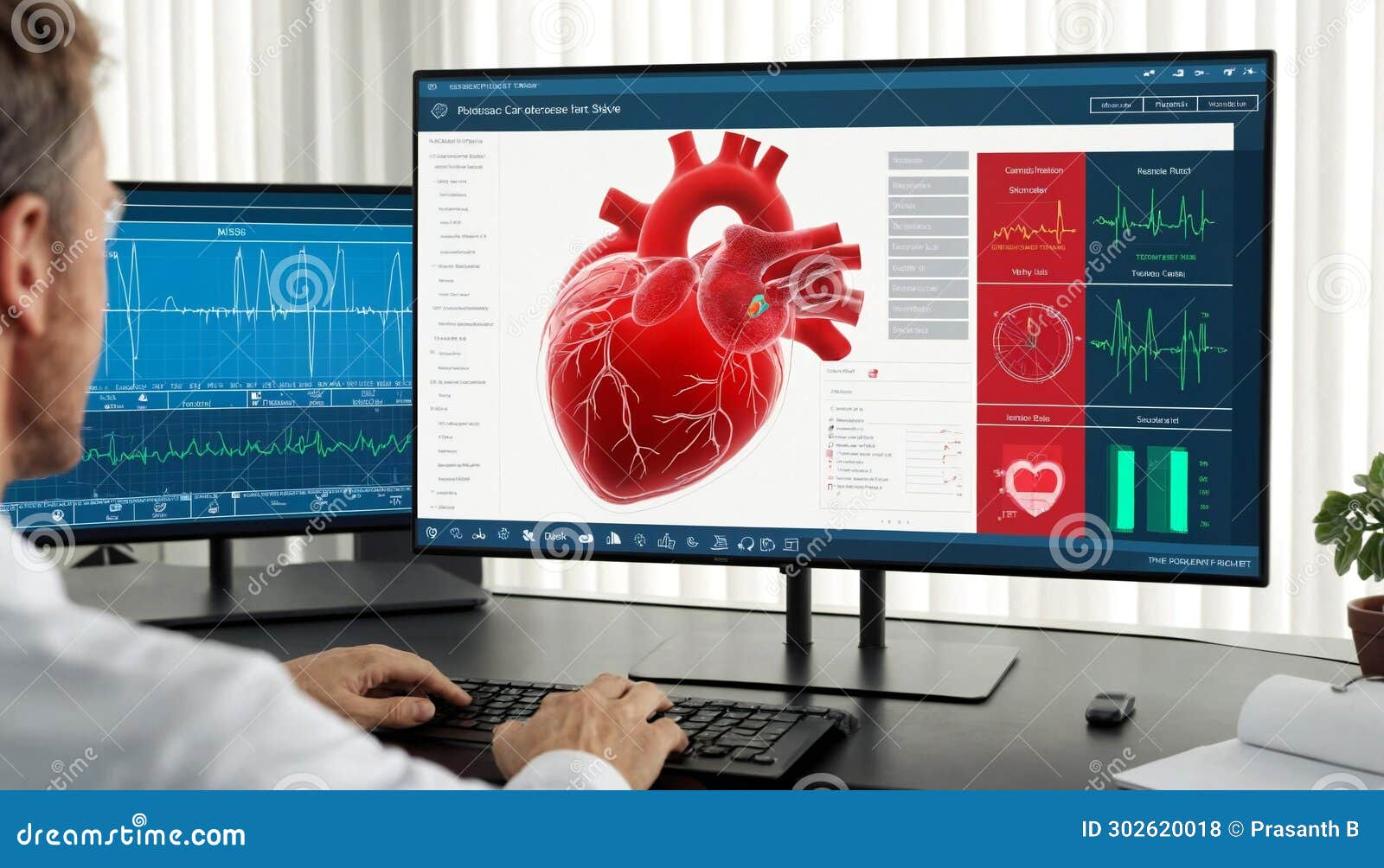 Man Working on Computer with Heart on Screen, Closeup. Cardiology ...