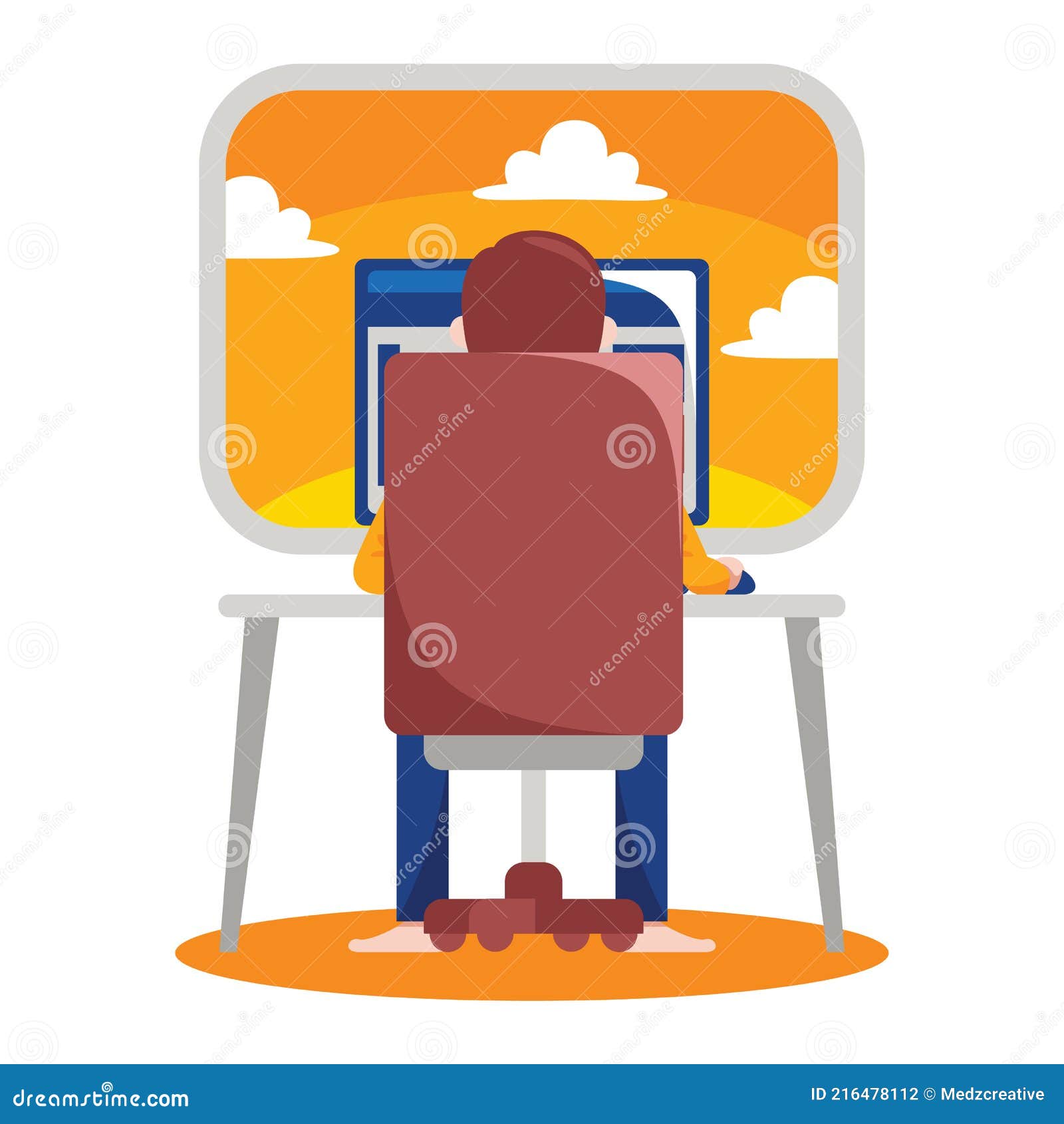 Young Man Working with Computer Stock Vector - Illustration of casual ...