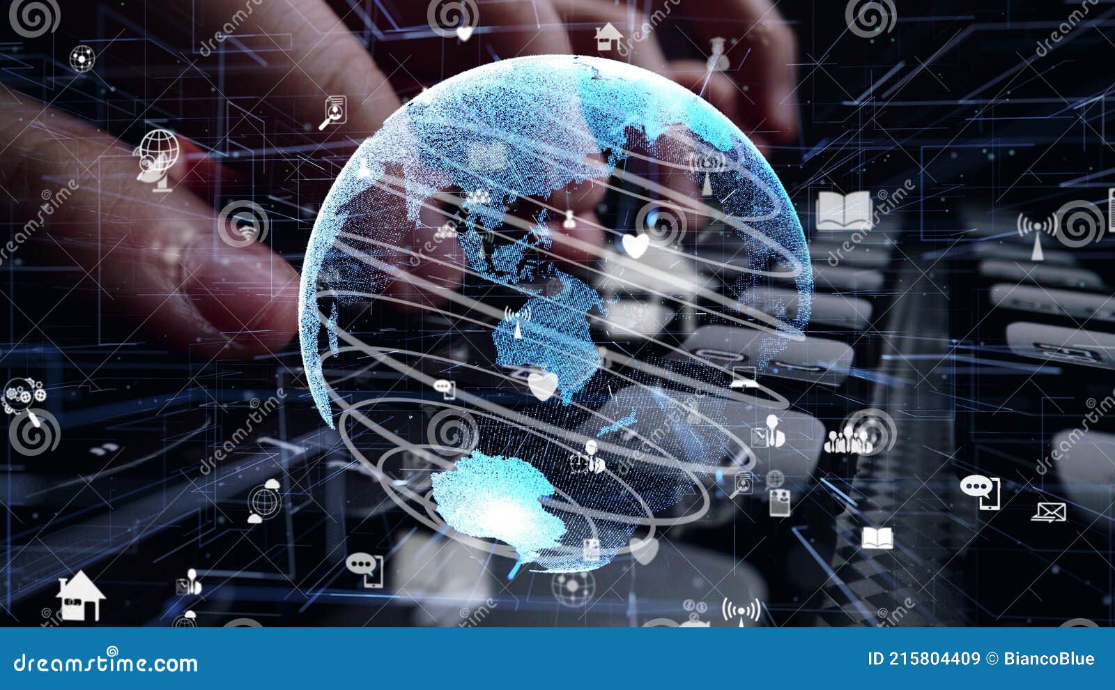 Man Working On Computer Keyboard With Graphic Of Internet Networ Stock