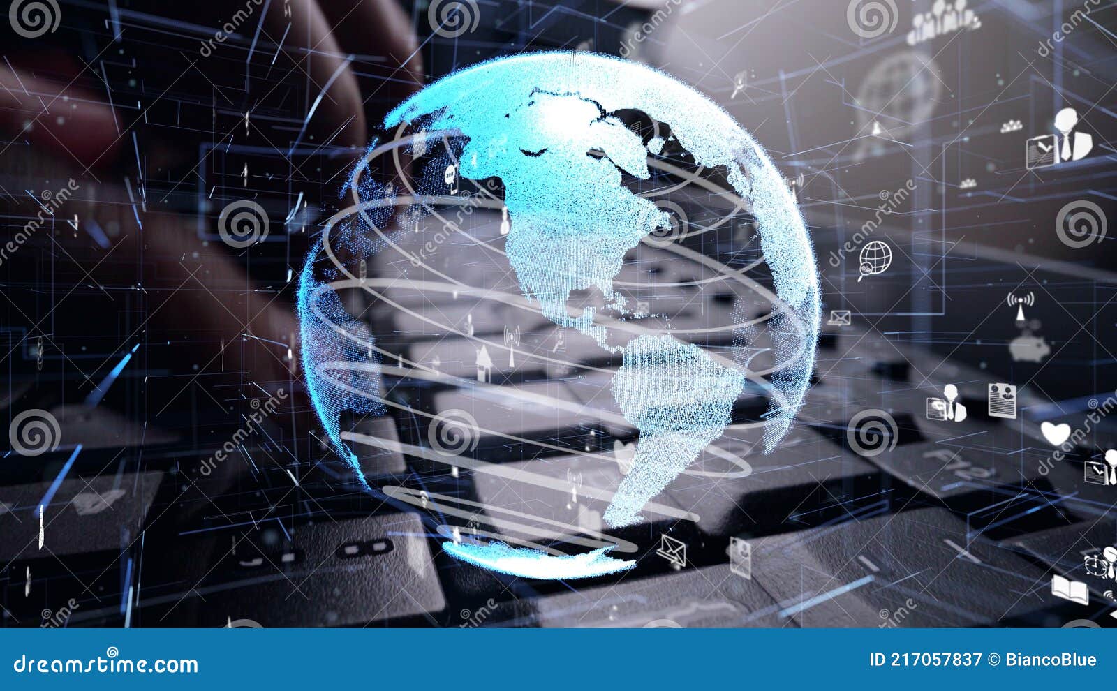 Man Working On Computer Keyboard With Graphic Of Internet Networ Stock