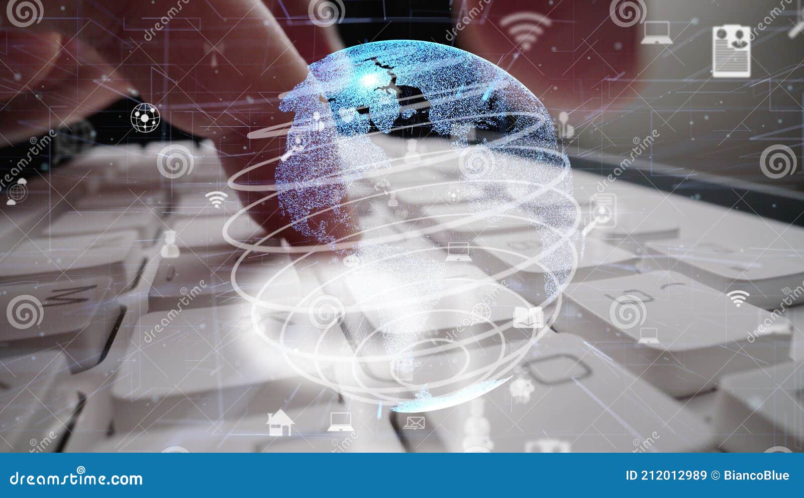 Man Working on Computer Keyboard with Graphic of Internet Networ Stock ...