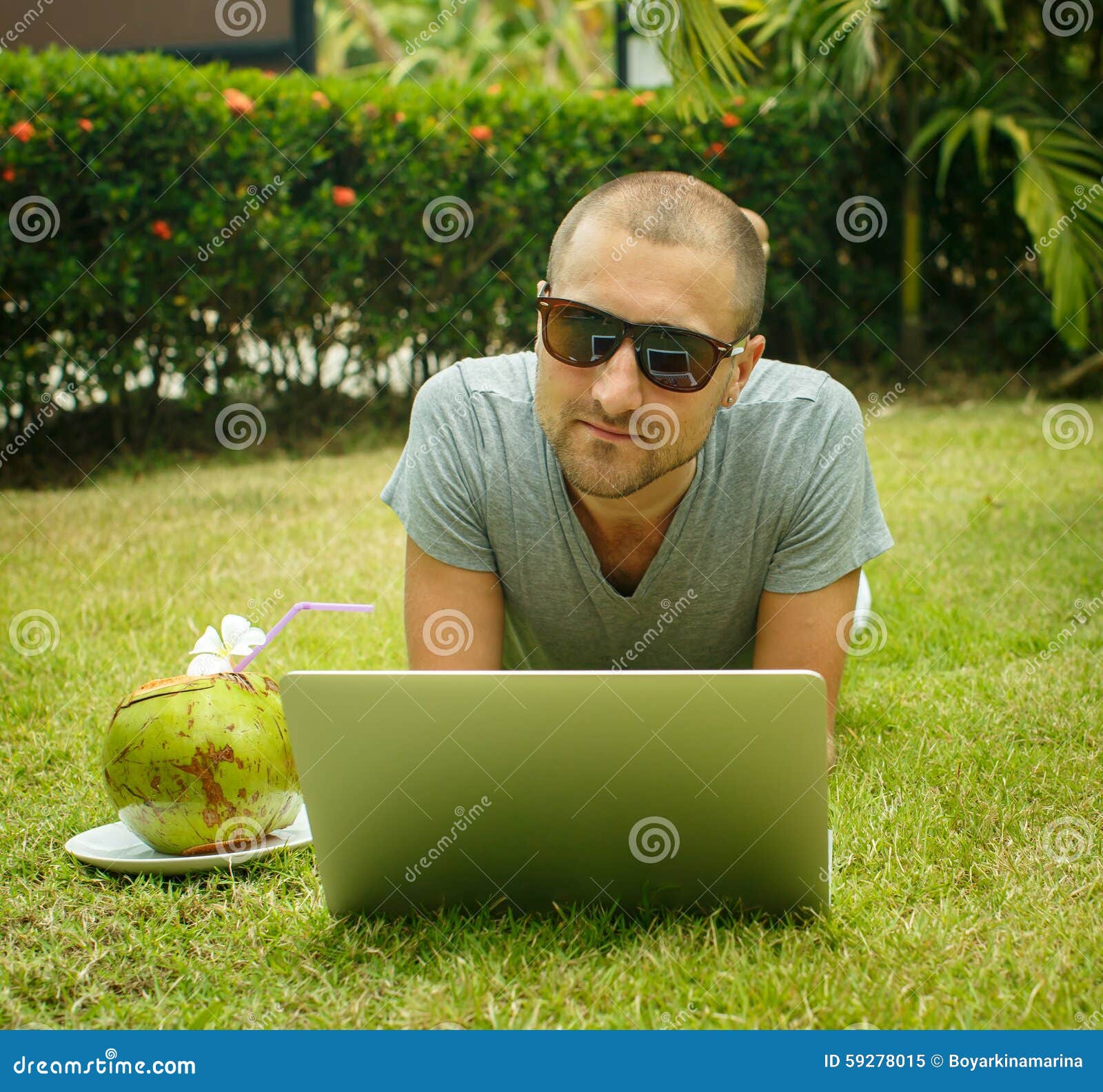 A Man Working at a Computer in Nature Stock Image - Image of business ...