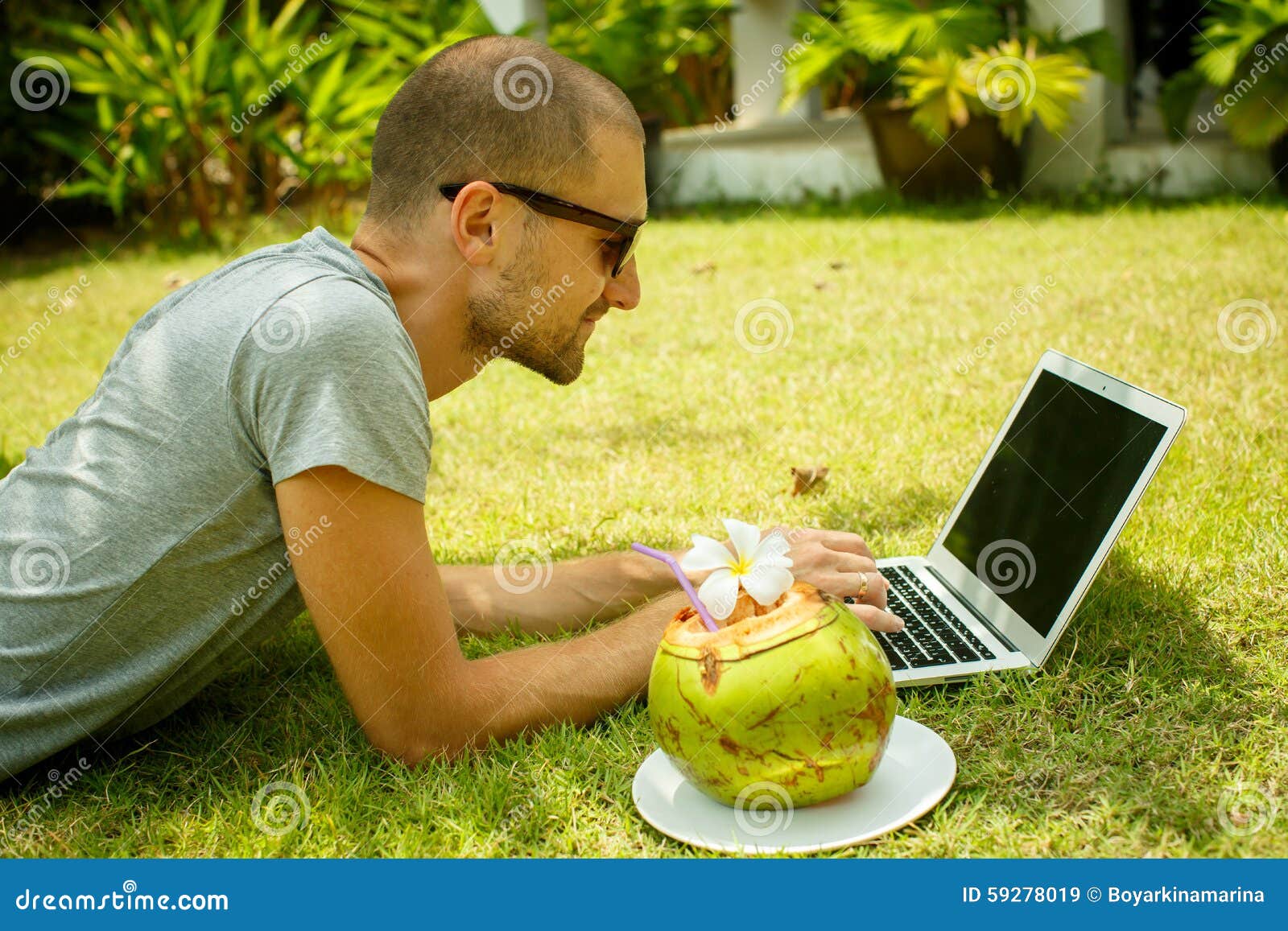 A Man Working at a Computer in Nature Stock Image - Image of people ...