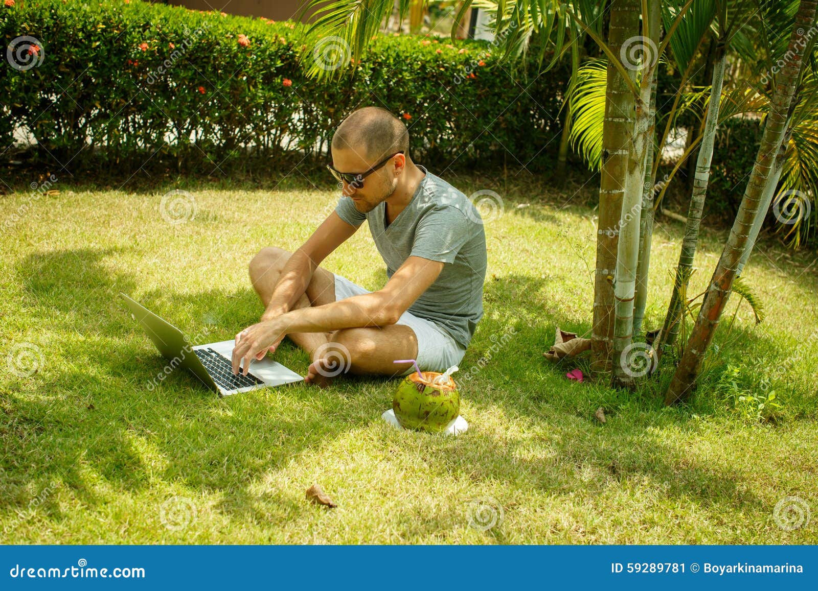 A Man Working at a Computer in Nature Stock Image - Image of casual ...