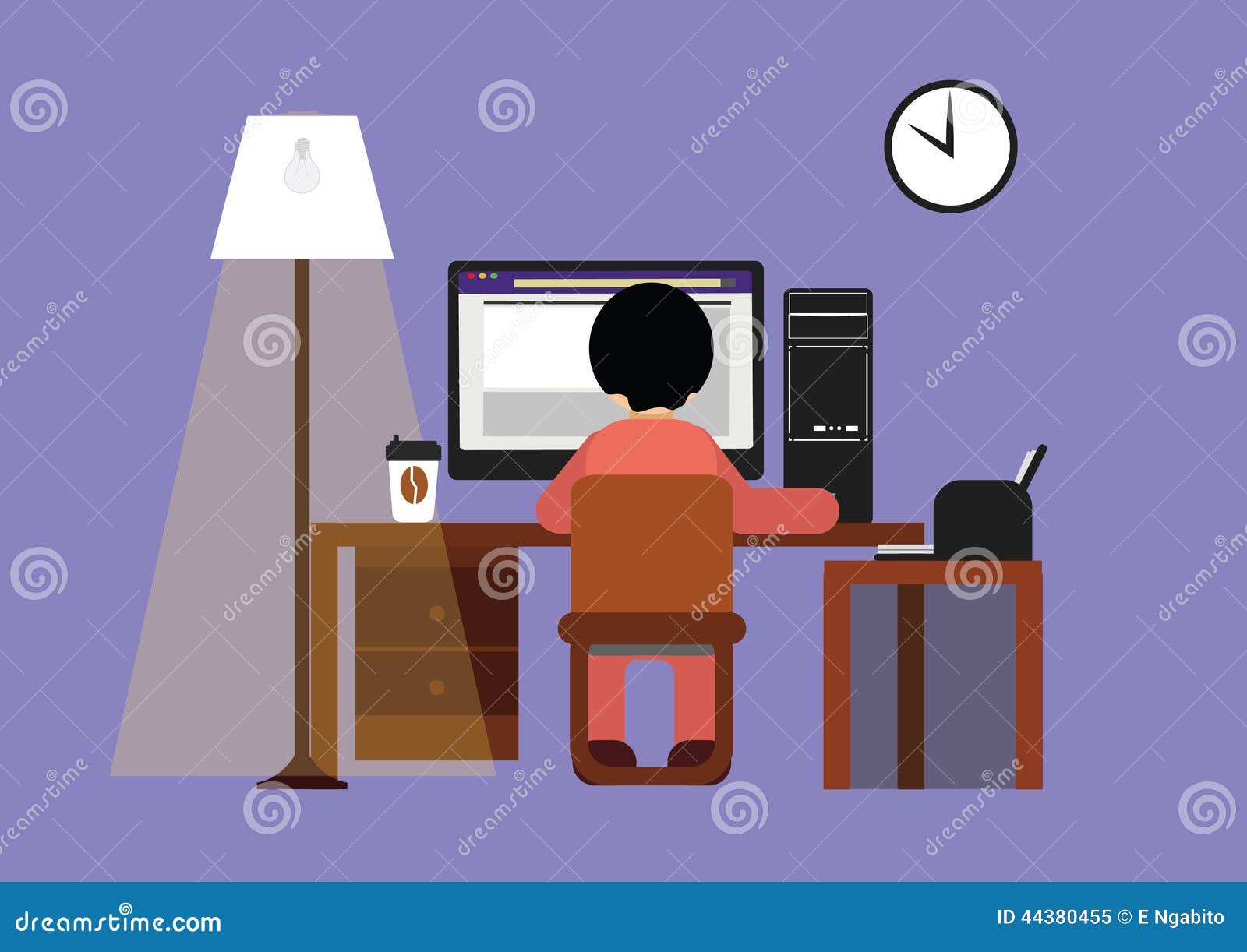 Man Working with Computer at Night Stock Vector - Illustration of ...