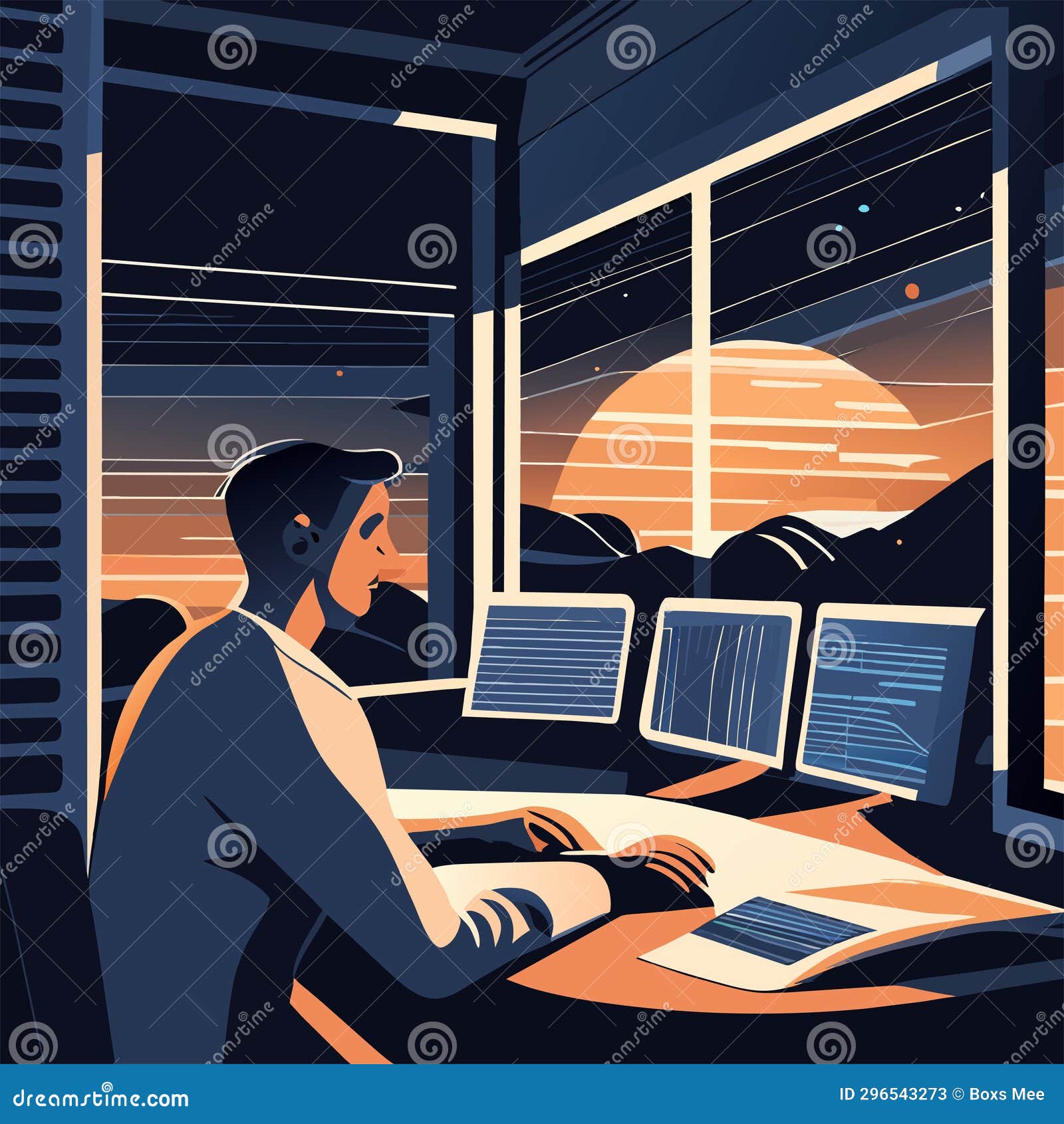 Man Working on Computer at Night. Vector Illustration in Flat Style ...