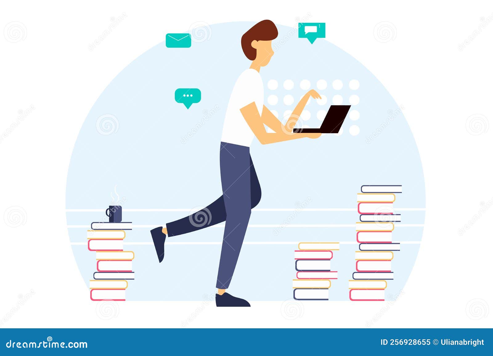 Man Working with a Computer on the Run Surrounded by Documents, Papers ...