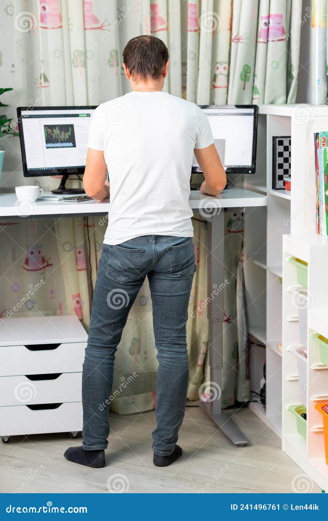 Man Working on Computer at Standing Desk at Home Office Stock Image ...