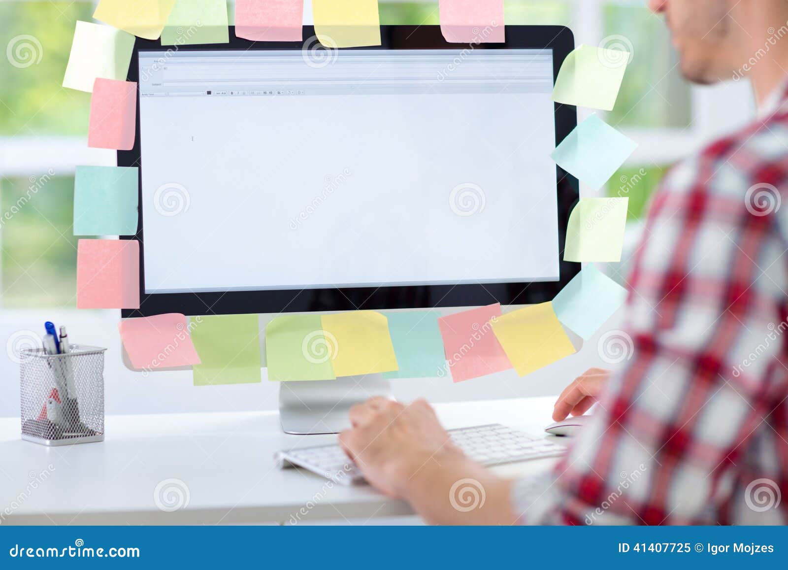 Man Working on Computer with Sticky Notes Stock Image - Image of ...