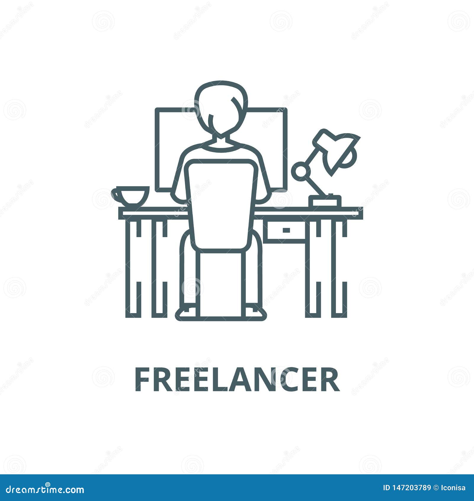 Man Working on Computer on Table, Sitting Vector Line Icon, Linear ...