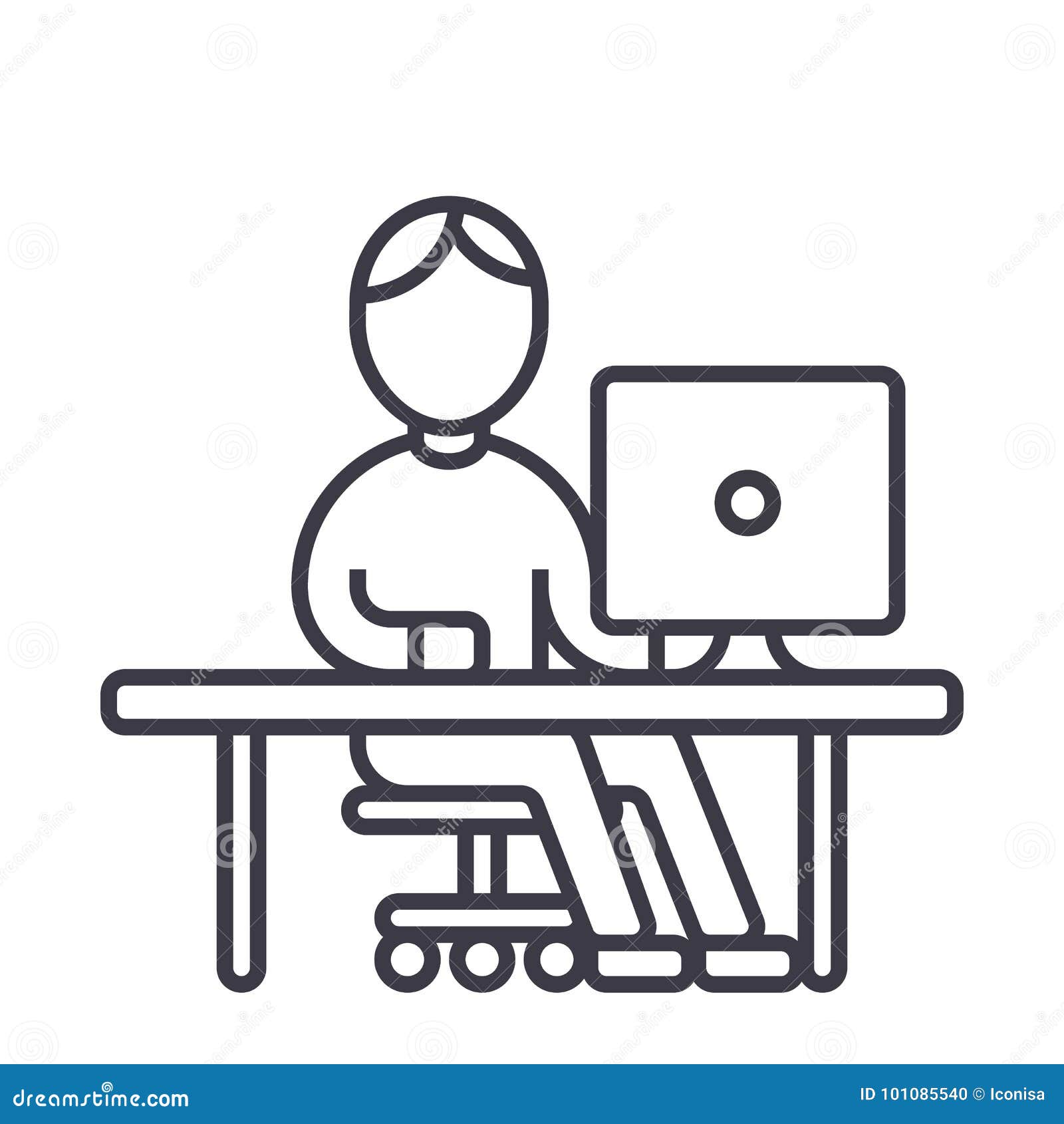 Man Working at Computer at Table Vector Line Icon, Sign, Illustration ...