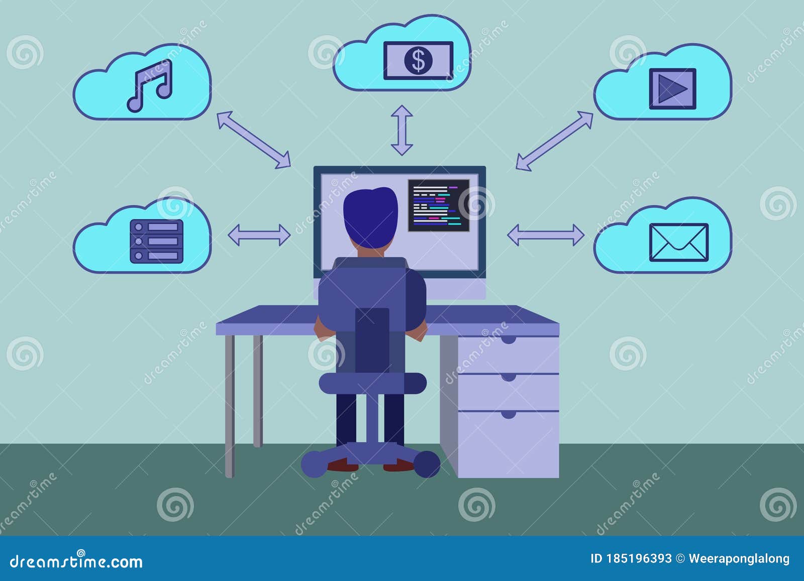 Man Working on Computer by Use Cloud System. Stock Vector ...