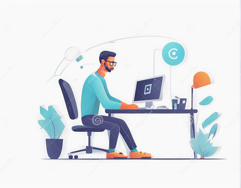 Man Working on a Computer. Vector Illustration of a Businessman Works ...