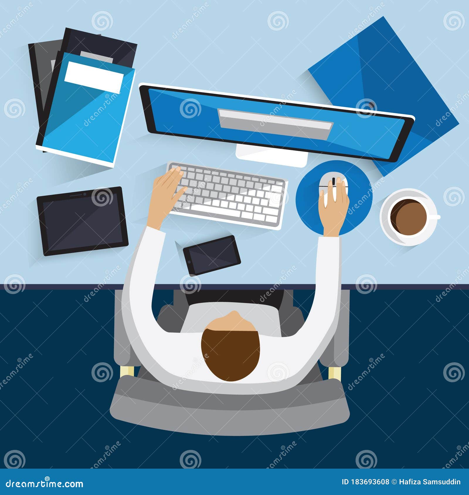 Man Working on Computer. Vector Illustration Decorative Background ...