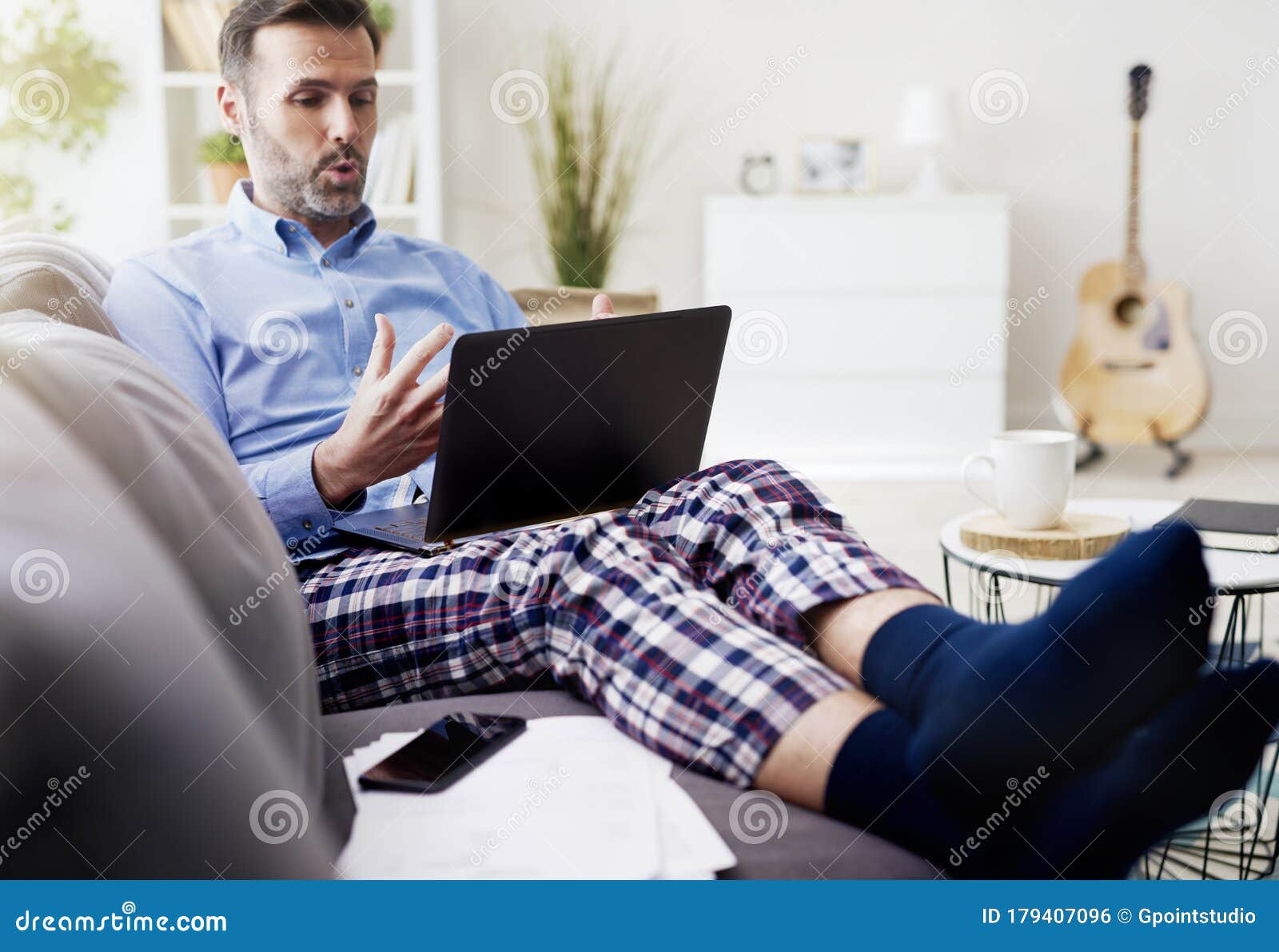 Man Working on Computer and Wearing Pajamas Stock Photo - Image of ...