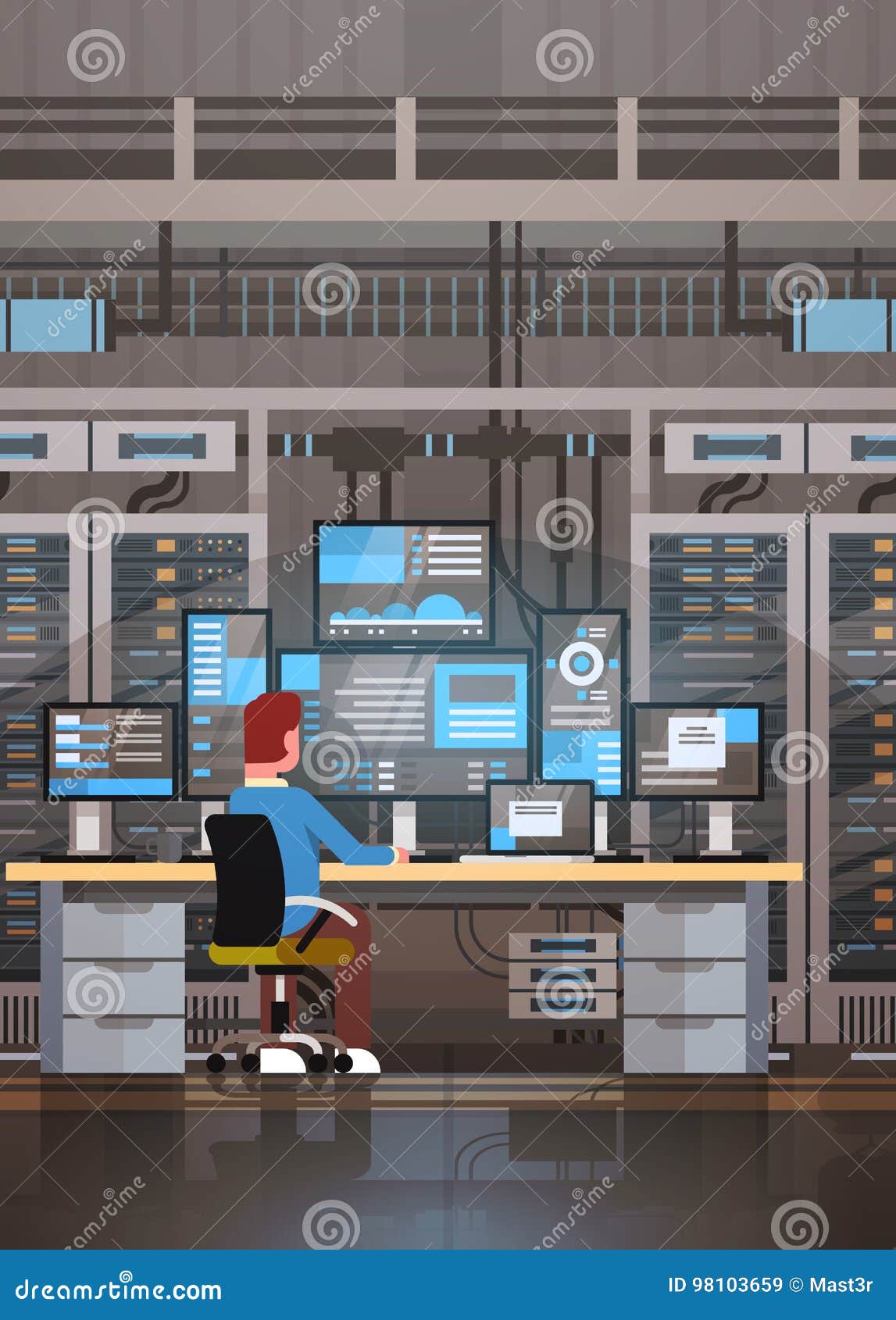 Man Working In Data Center Room Hosting Server Computer Monitoring Information Database Stock