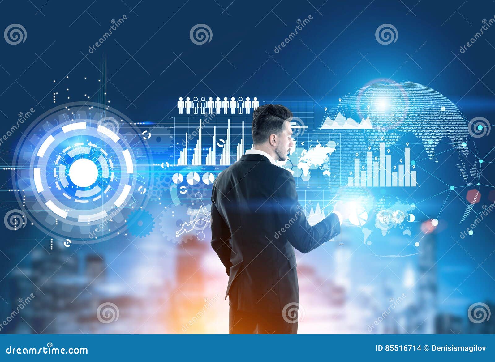 Man Working with Data in a City Stock Photo - Image of abstract ...