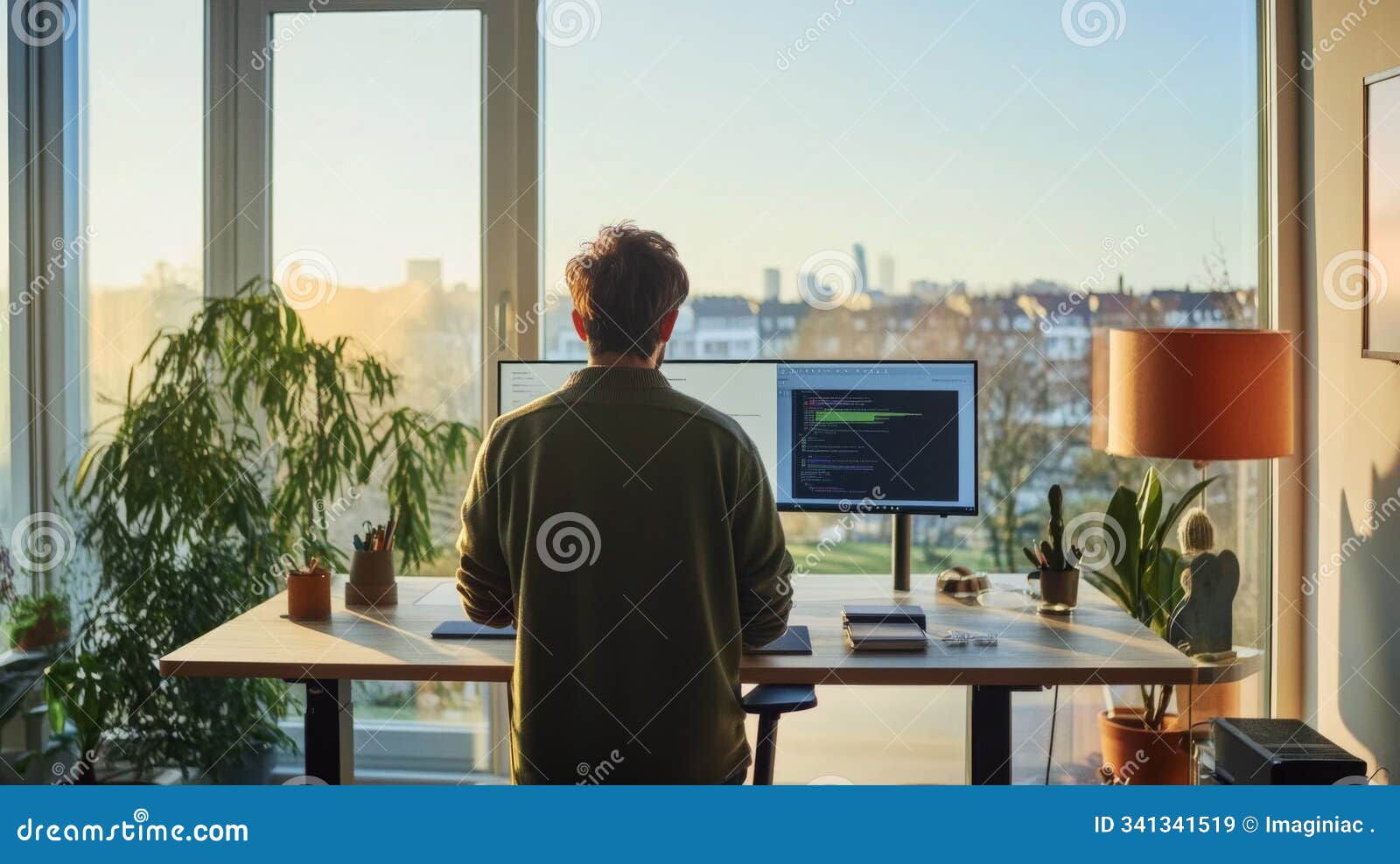 Man Working at Desk Facing Window with City View Stock Illustration ...