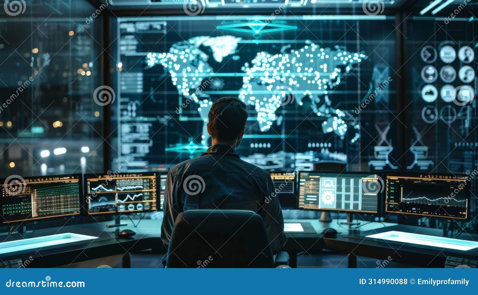 Man Working at Desk with Multiple Monitors Stock Photo - Image of busy ...