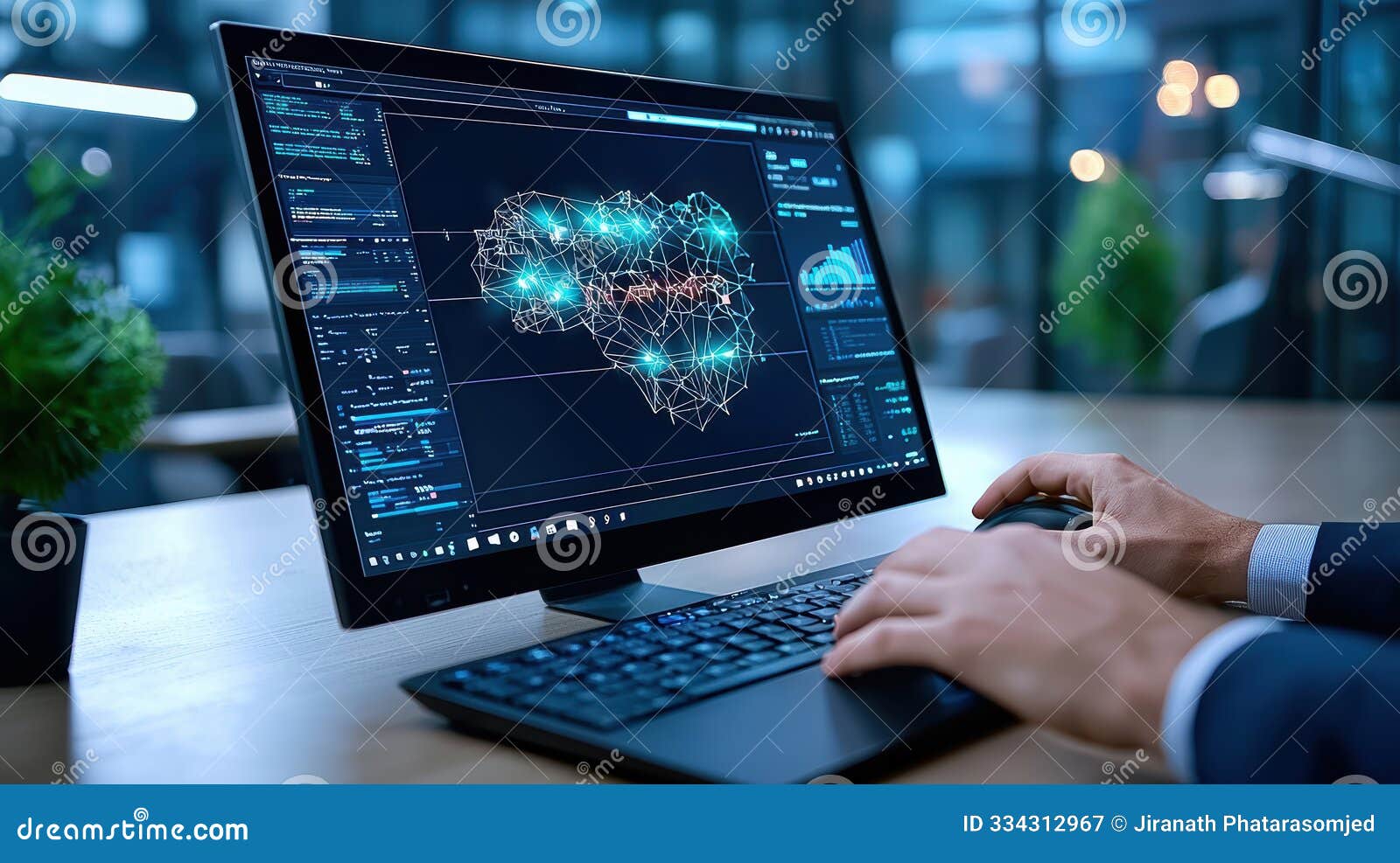 Man Working on a Computer with Data Visualization Stock Illustration ...