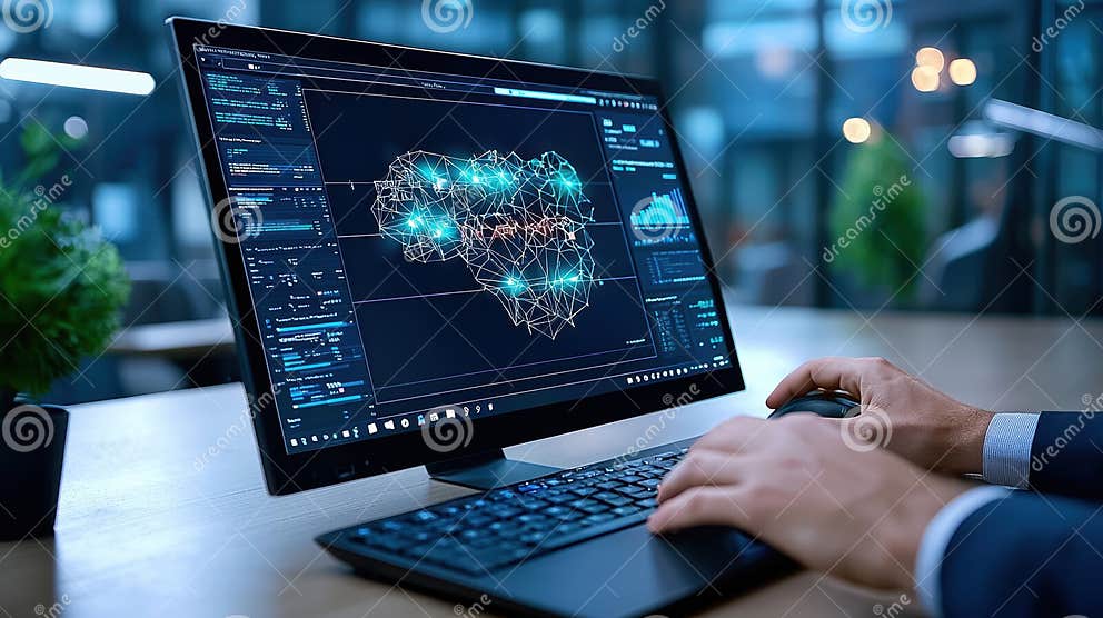 Man Working on a Computer with Data Visualization Stock Illustration ...