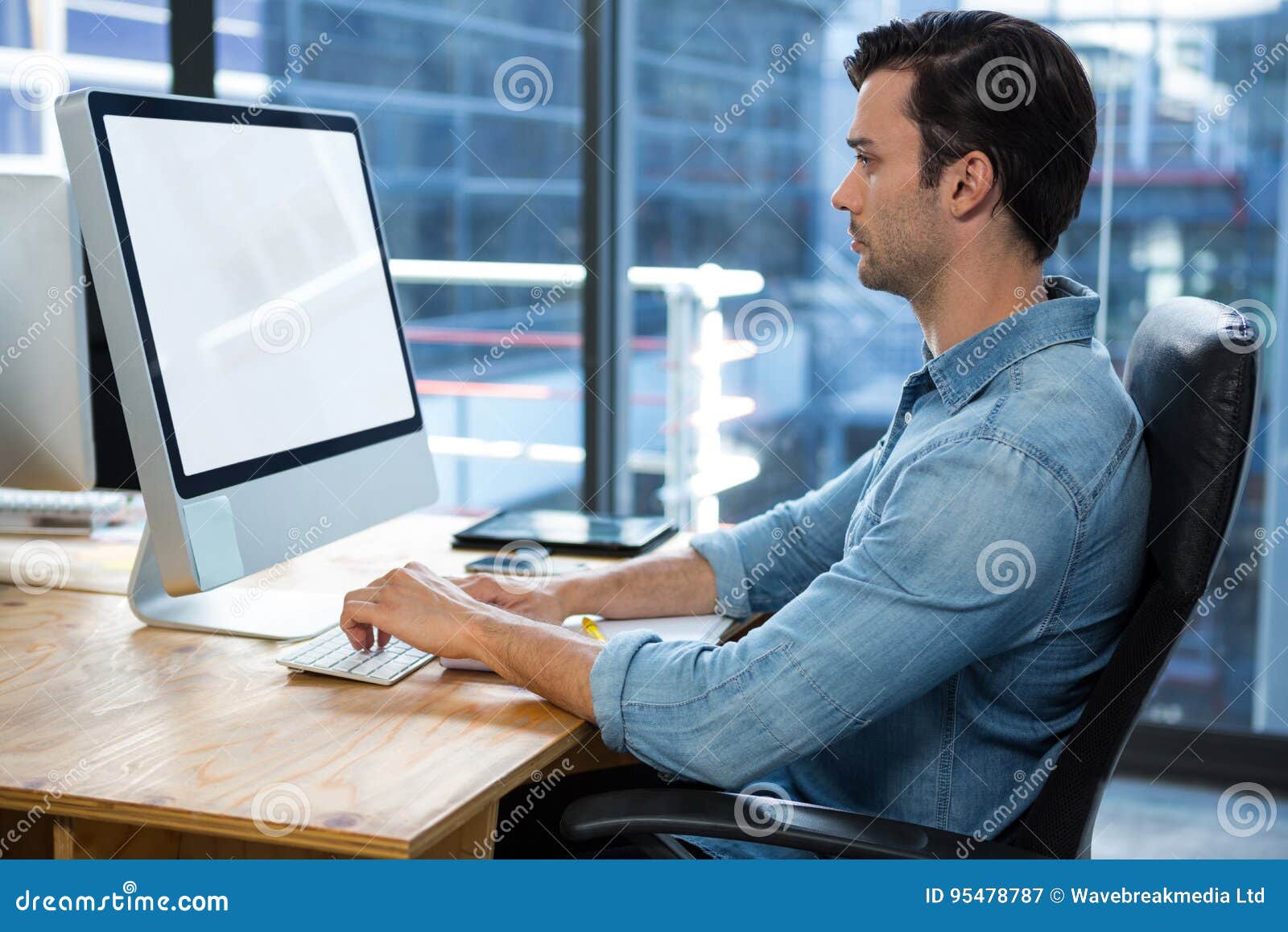 Man working on desktop pc stock image. Image of keyboard - 95478787
