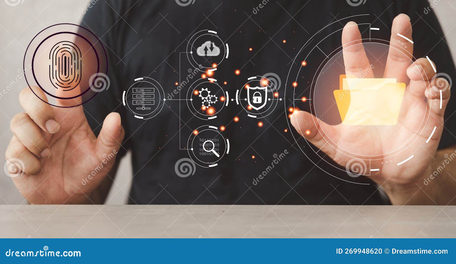 Man Working Document Management System, Online Documentation Database. Access Data with ...