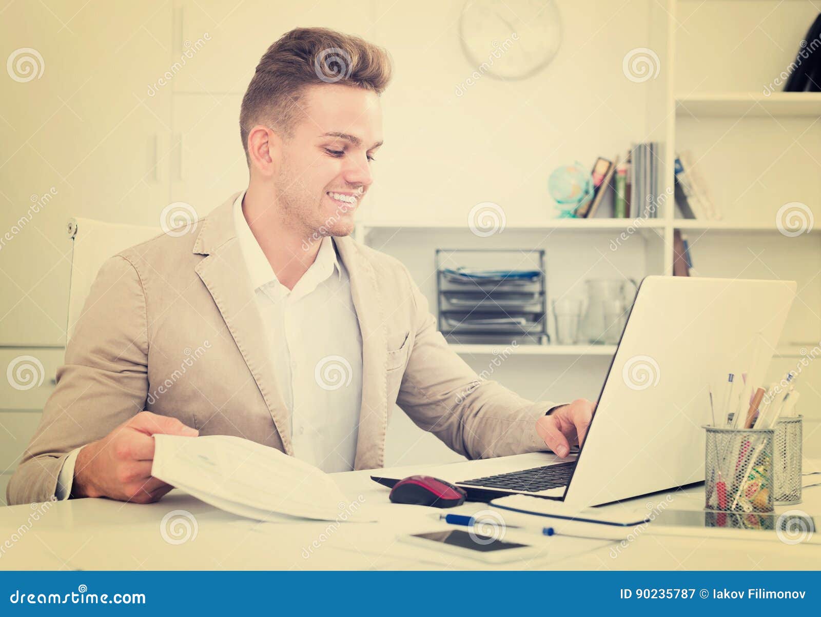 Man Working with Documents and Laptop Stock Image - Image of caucasian ...