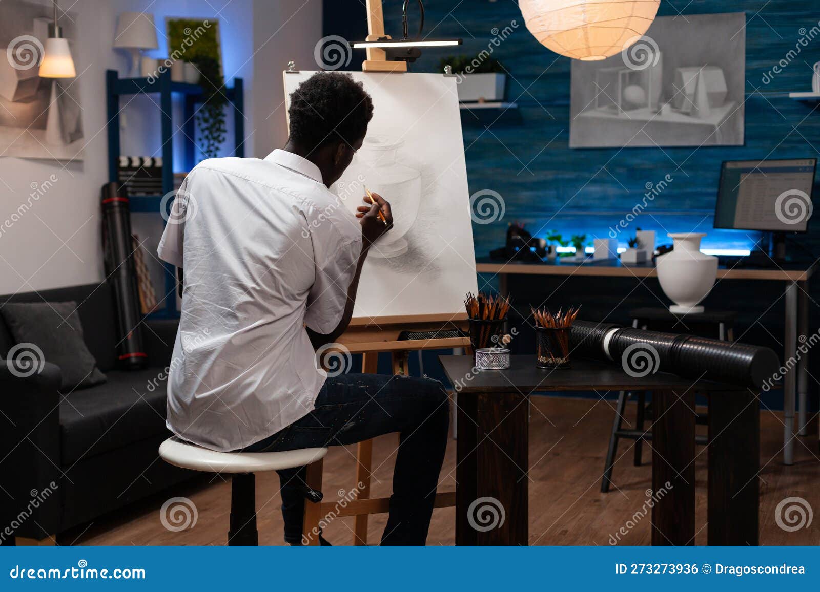 Man Working on Drawing with Creative Tools Stock Photo - Image of ...