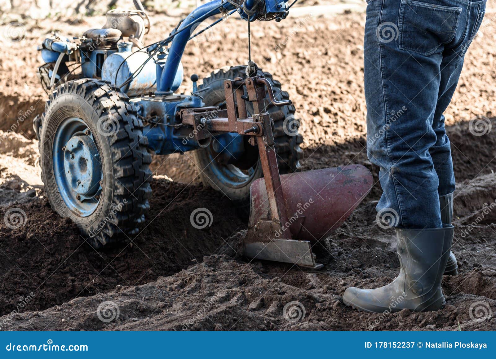 A Man Working in the Field. a Man Plows the Land with Motor Cultivator ...