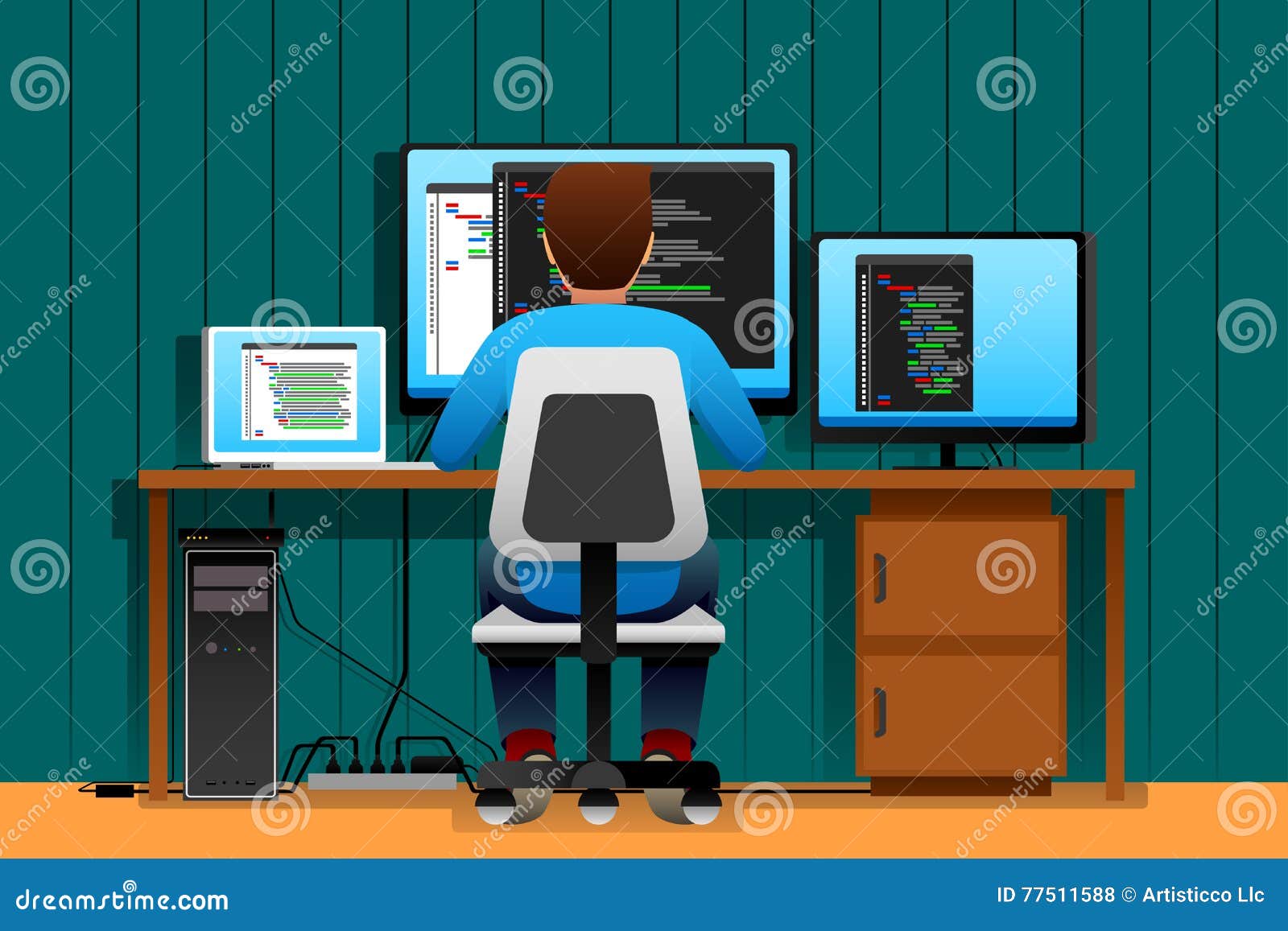 Man Working in Front of His Computer Stock Vector - Illustration of ...
