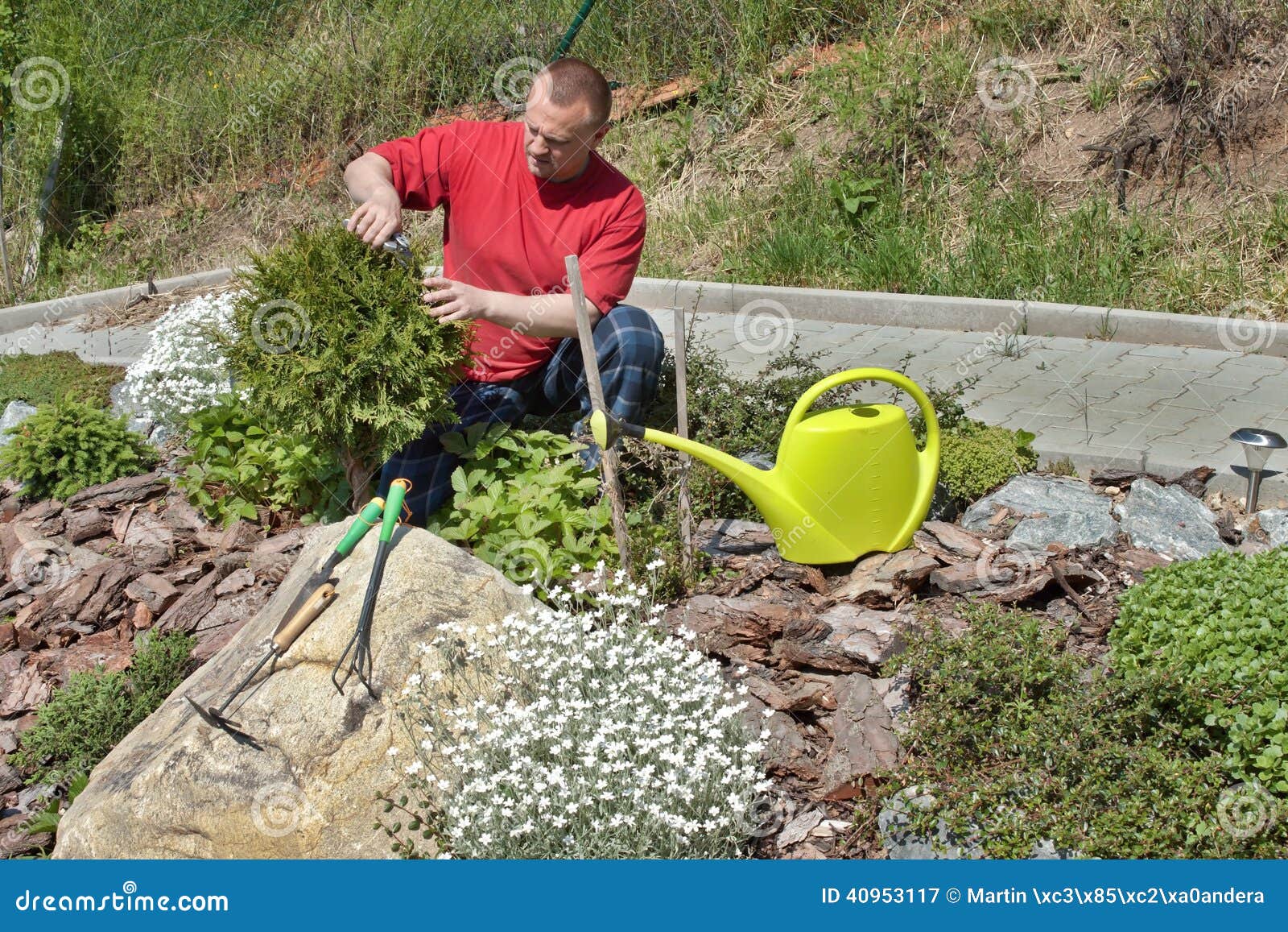 Man Working in the Garden, Summer Day Stock Image - Image of goggles ...