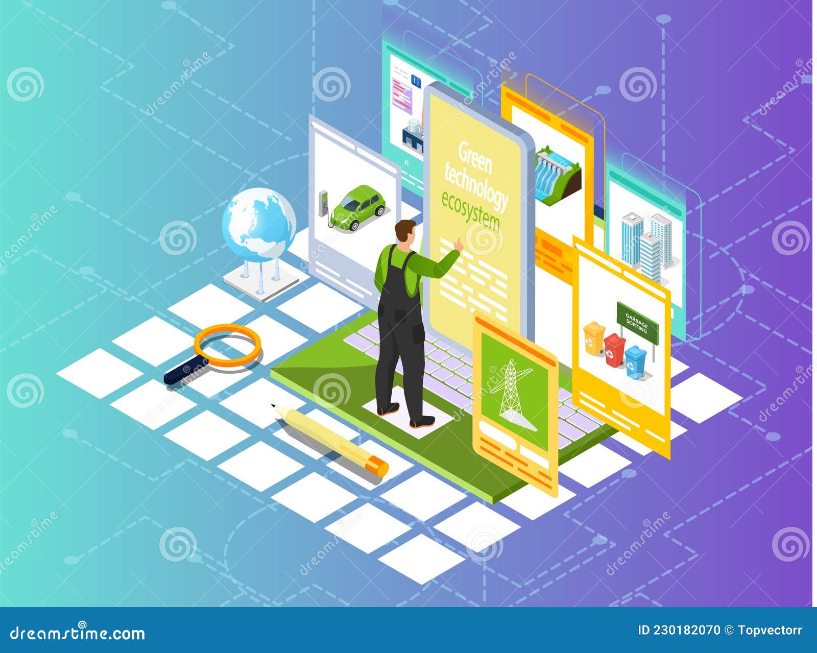 Man Working with Green Nature Friendly Technology. Integration of ...