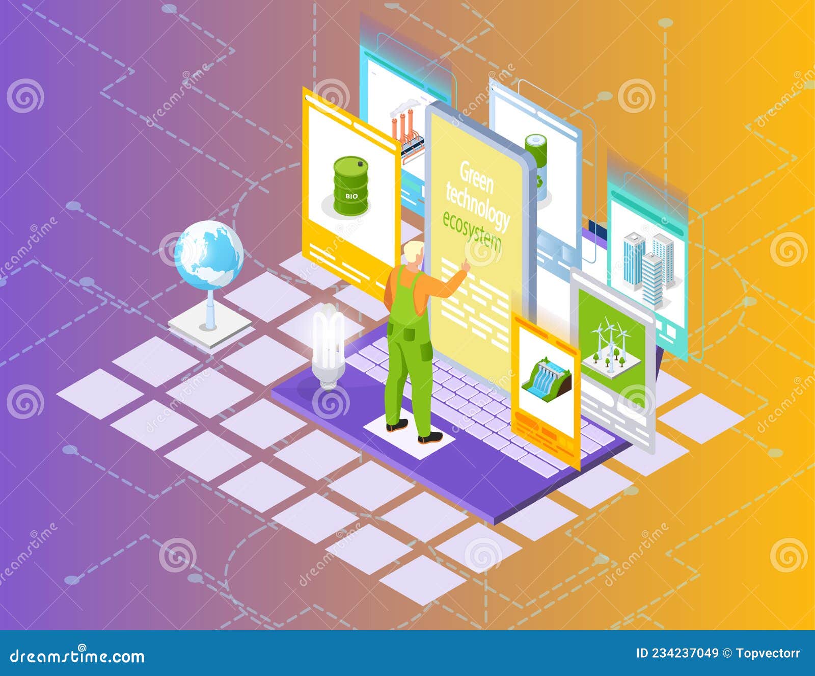 Man Working with Green Nature Friendly Technology. Integration of ...