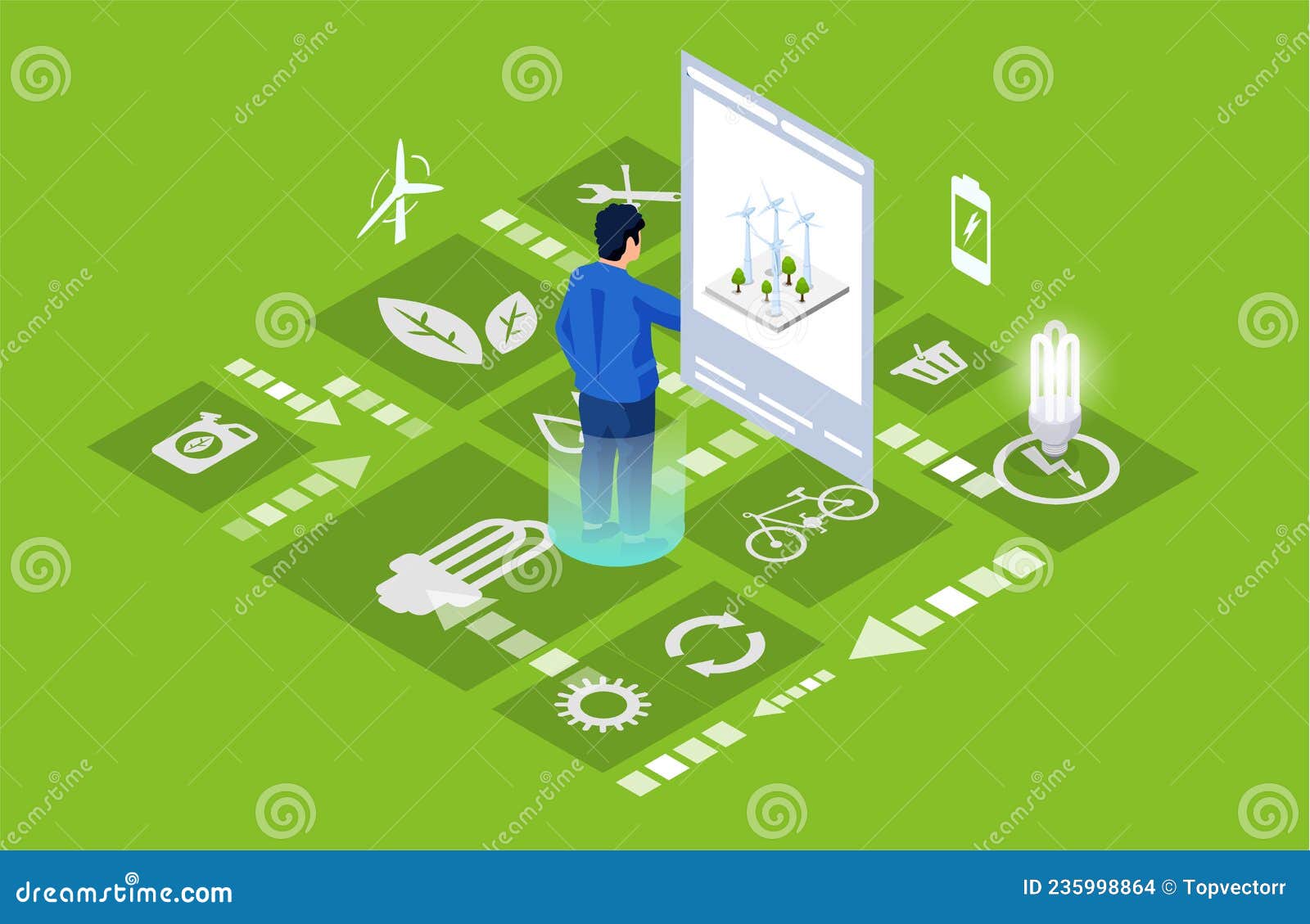 Man Working with Green Nature Friendly Technology. Integration of ...