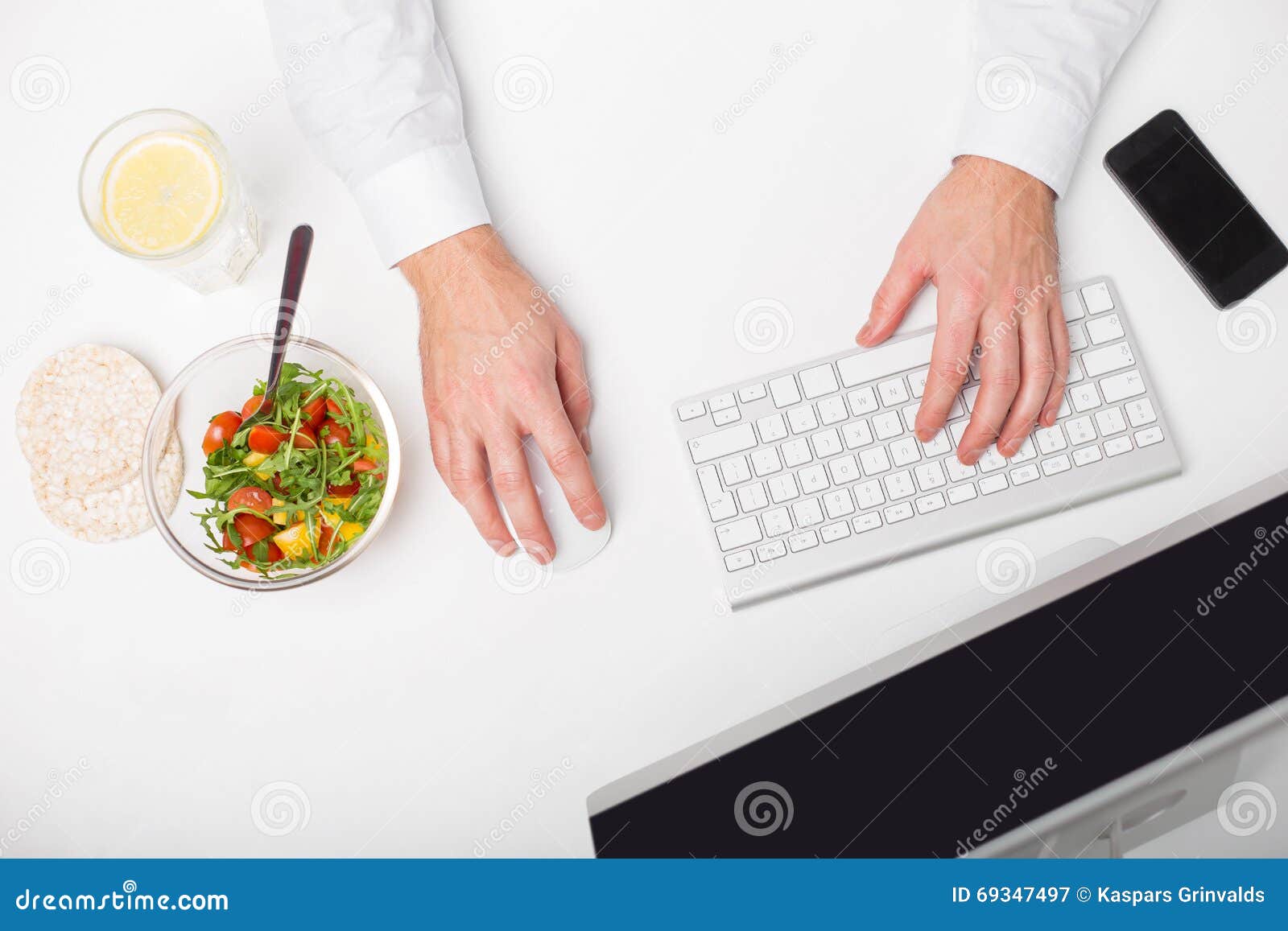 Man Working and Having Healthy Lunch Stock Image - Image of table ...